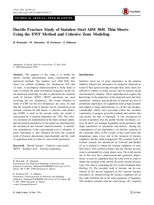 (PDF) Ductile Fracture Study of Stainless Steel AISI 304L Thin Sheets Using the EWF Method and ...