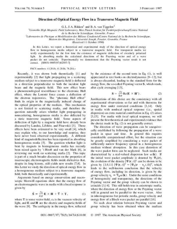 (PDF) Direction of Optical Energy Flow in a Transverse Magnetic Field