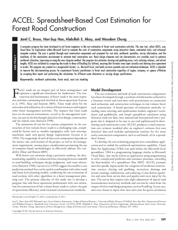 Pdf Accel Spreadsheet Based Cost Estimation For Forest Road Construction