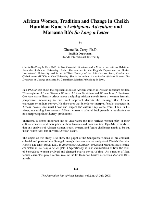 (PDF) African Women, Tradition and Change in Cheikh Hamidou Kane's ...
