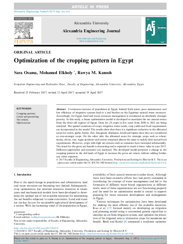 (PDF) Optimization of the cropping pattern in Egypt | mohamed elkholy - Academia.edu