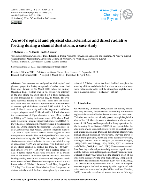 (PDF) Aerosol's optical and physical characteristics and direct ...