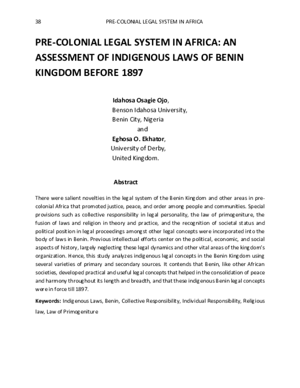 (PDF) PRE-COLONIAL LEGAL SYSTEM IN AFRICA: AN ASSESSMENT OF INDIGENOUS ...