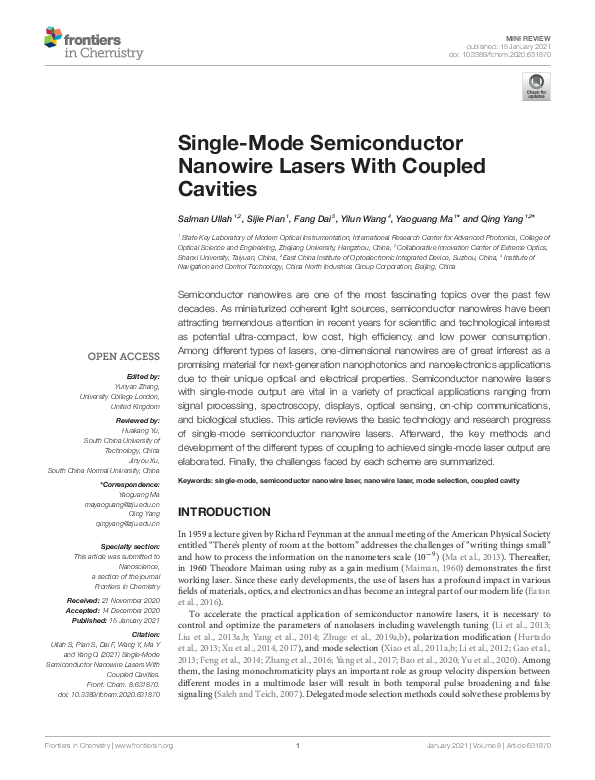 (PDF) Single-Mode Semiconductor Nanowire Lasers With Coupled Cavities