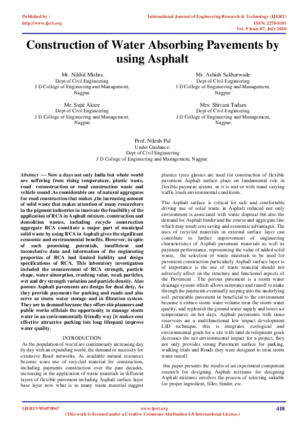 (PDF) Construction of Water Absorbing Pavements by using Asphalt