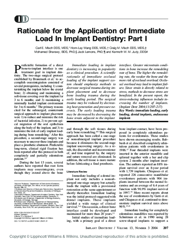 (PDF) Rationale for the Application of Immediate Load In Implant Dentistry: Part I