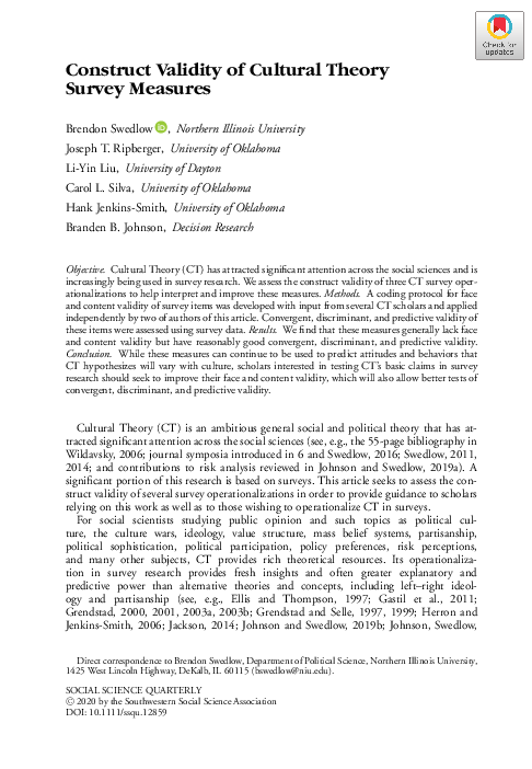 (PDF) Construct Validity of Cultural Theory Survey Measures