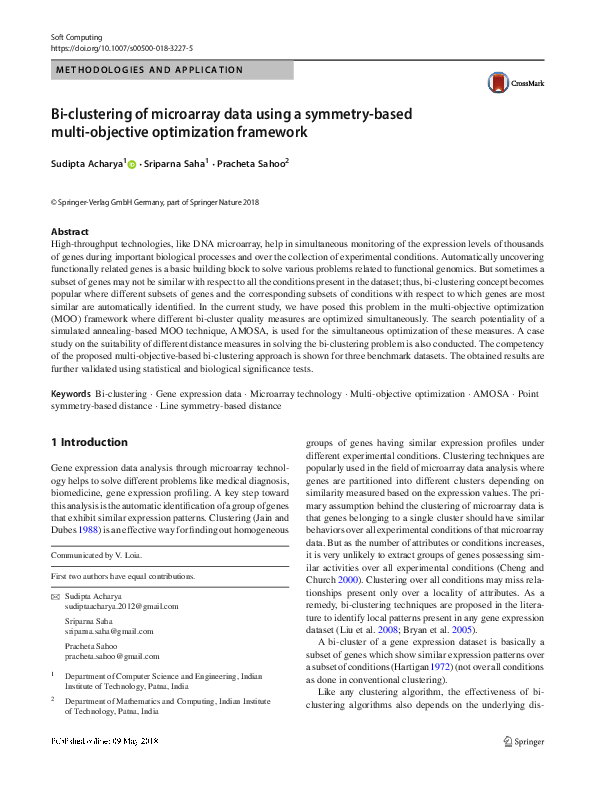 Pdf Bi Clustering Of Microarray Data Using A Symmetry Based Multi Objective Optimization
