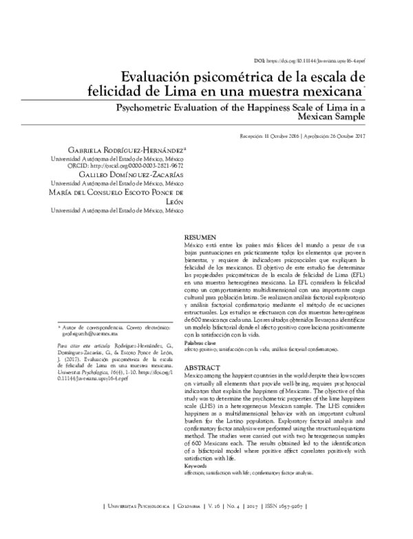 (PDF) Psychometric Evaluation of the Happiness Scale of Lima in a ...