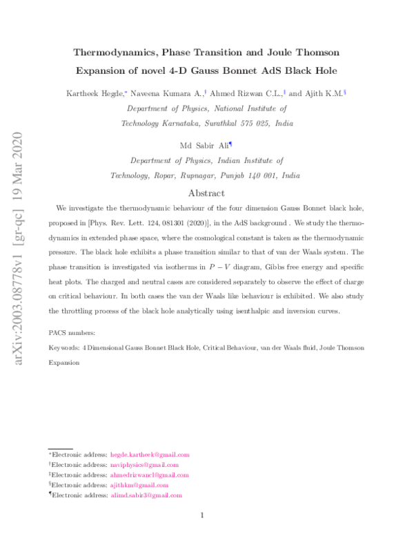 (PDF) Thermodynamics, Phase Transition and Joule Thomson Expansion of ...