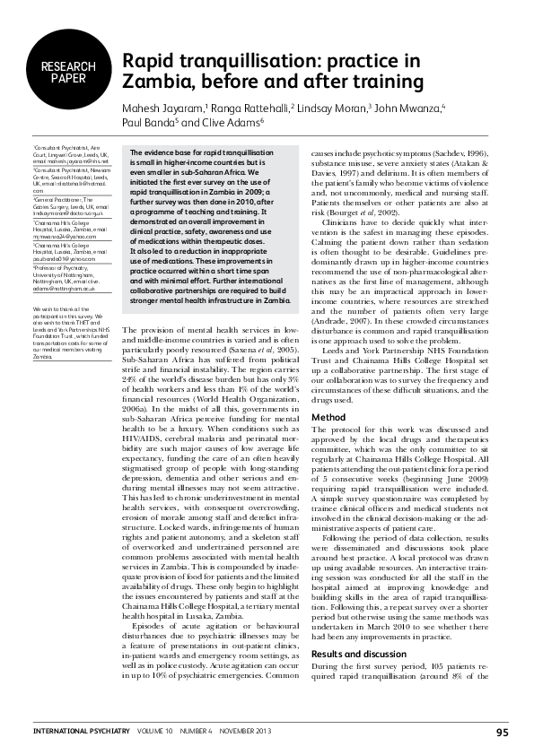 (PDF) Rapid tranquillisation: practice in Zambia, before and after training