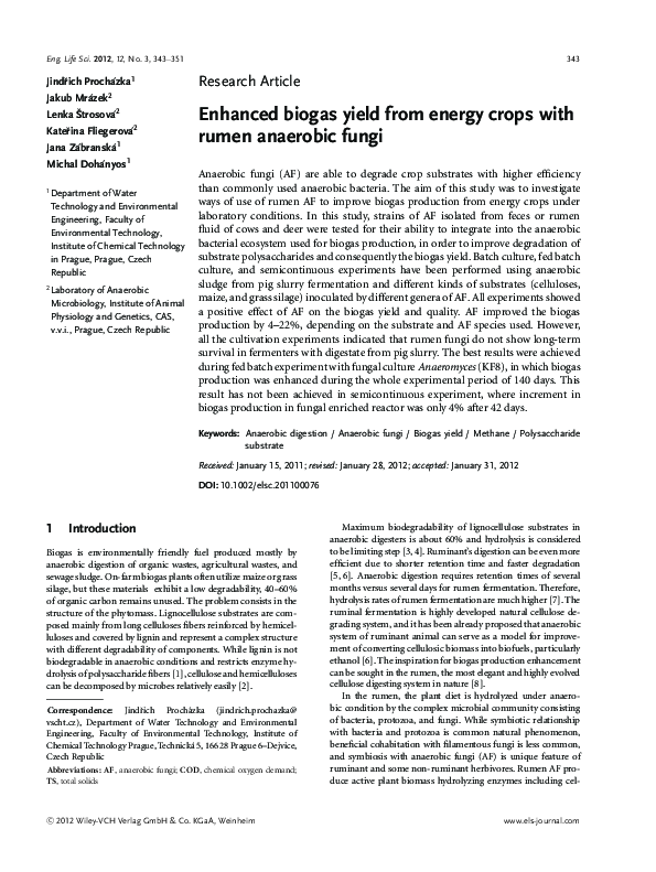 (PDF) Enhanced biogas yield from energy crops with rumen anaerobic fungi