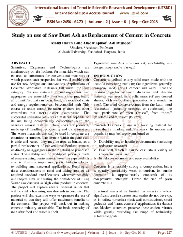 (PDF) Study on use of Saw Dust Ash as Replacement of Cement in Concrete