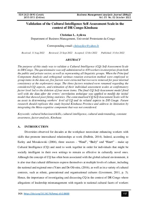 (PDF) Validation of the Cultural Intelligence Self-Assessment Scale in the context of DR Congo ...