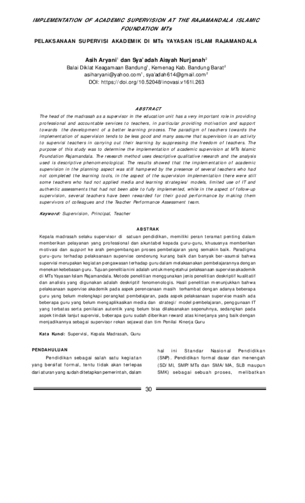 (PDF) Implementation of Academic Supervision At The Rajamandala Islamic Foundation MTs