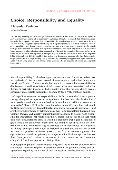 (PDF) Choice, Responsibility and Equality