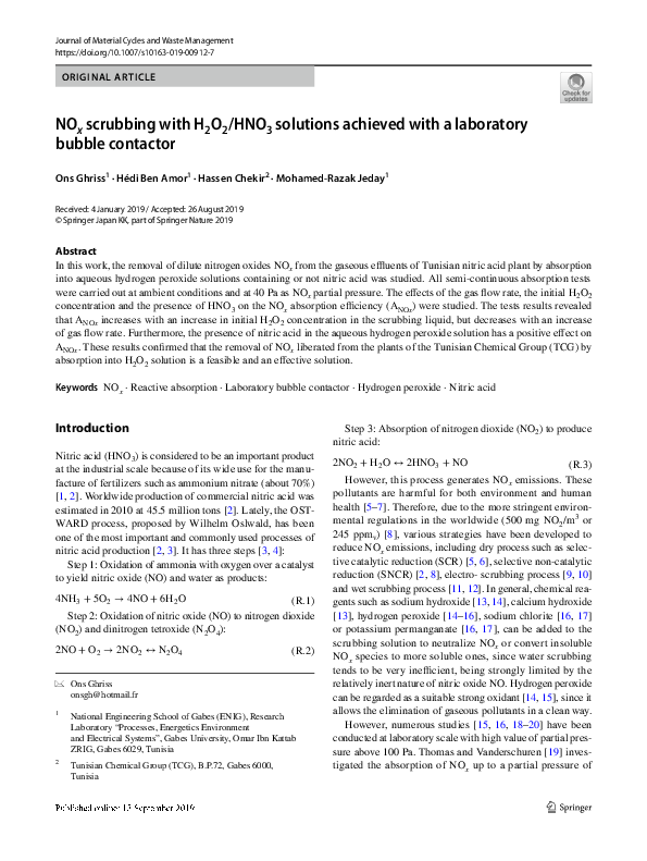 (PDF) NOx scrubbing with H2O2/HNO3 solutions achieved with a laboratory ...