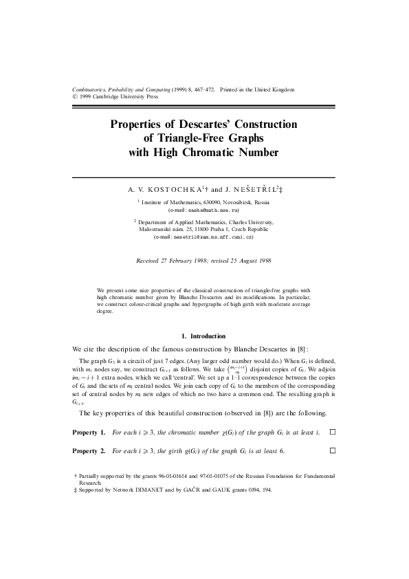 (PDF) Properties of Descartes' Construction of Triangle-Free Graphs ...
