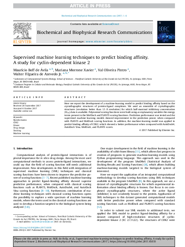 (PDF) Supervised machine learning techniques to predict binding affinity. A study for cyclin ...