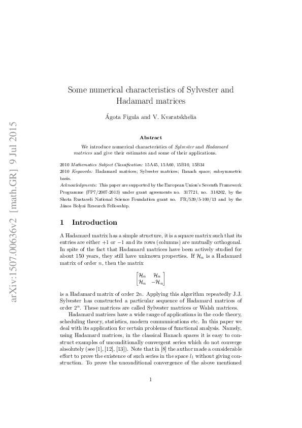 (PDF) Some numerical characteristics of Sylvester and Hadamard matrices