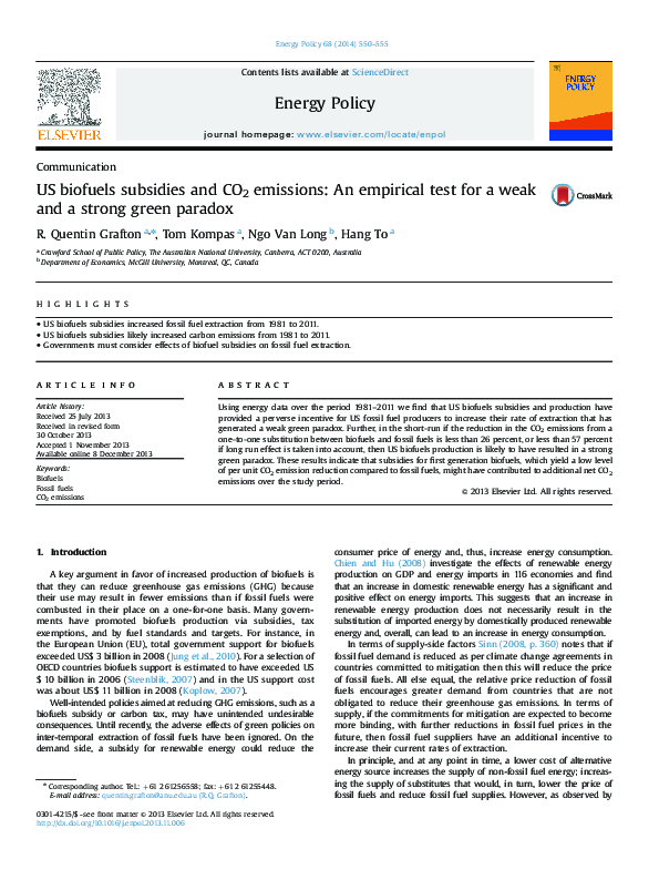 (PDF) US biofuels subsidies and CO2 emissions: An empirical test for a ...