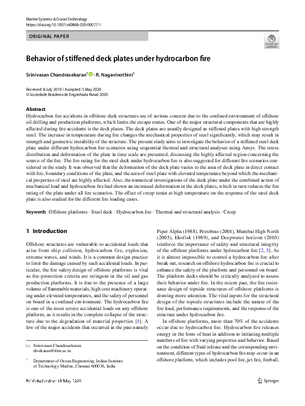 (PDF) Behavior of stiffened deck plates under hydrocarbon fire