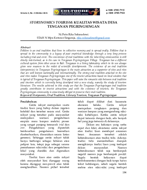 (PDF) Storynomics Tourism: Kualitas Wisata Desa Tenganan Pegringsingan