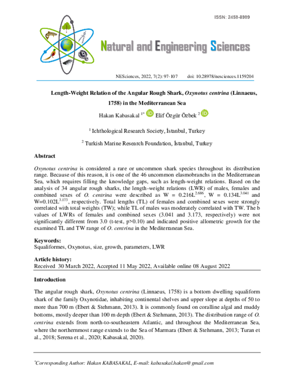 (PDF) Length-Weight Relation of the Angular Rough Shark, Oxynotus ...