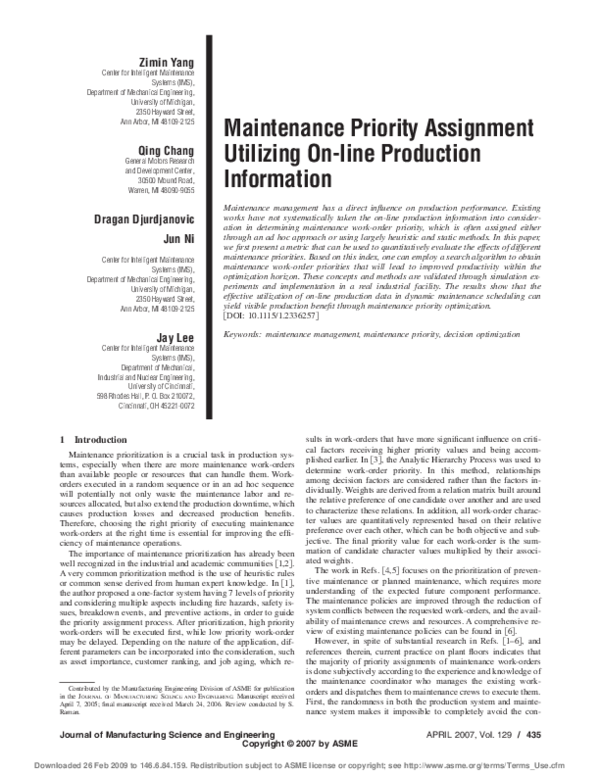 (PDF) Maintenance Priority Assignment Utilizing On-line Production Information