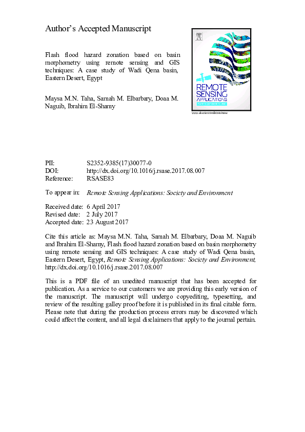 (PDF) Flash flood hazard zonation based on basin morphometry using remote sensing and GIS ...