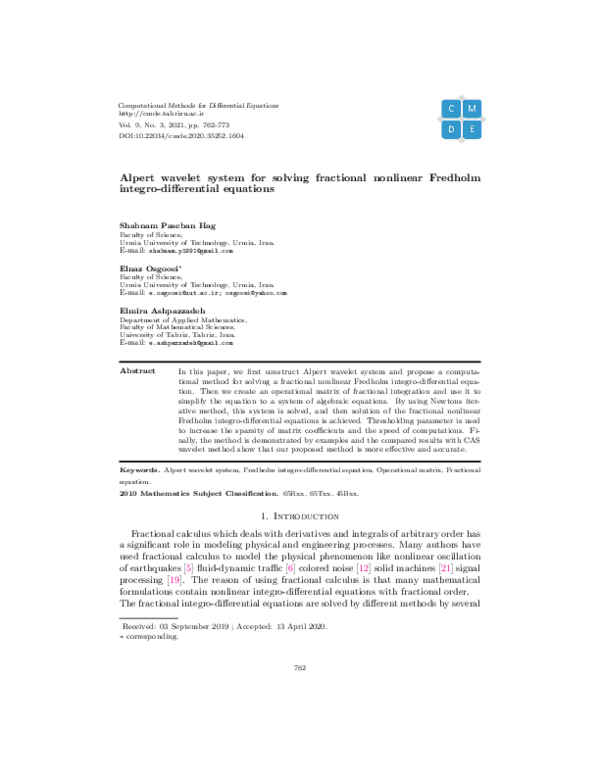 Pdf Alpert Wavelet System For Solving Fractional Nonlinear Fredholm Integro Differential Equations