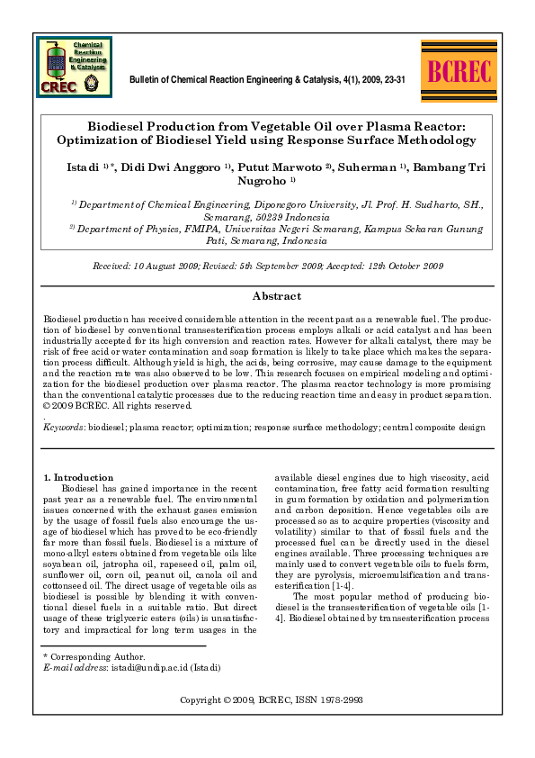 (PDF) Biodiesel Production from Vegetable Oil over Plasma Reactor: Optimization of Biodiesel ...