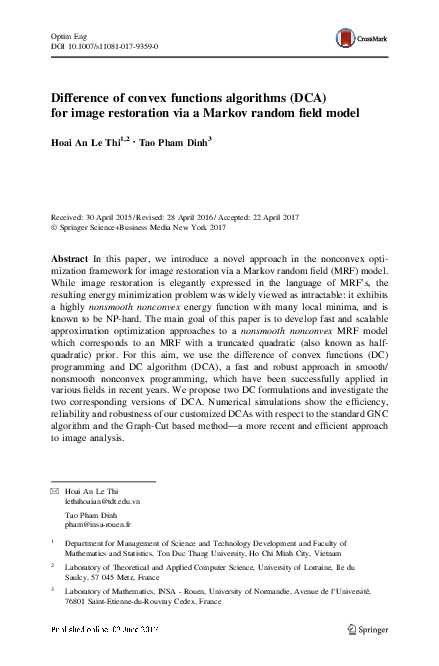 (PDF) Difference of convex functions algorithms (DCA) for image restoration via a Markov random ...