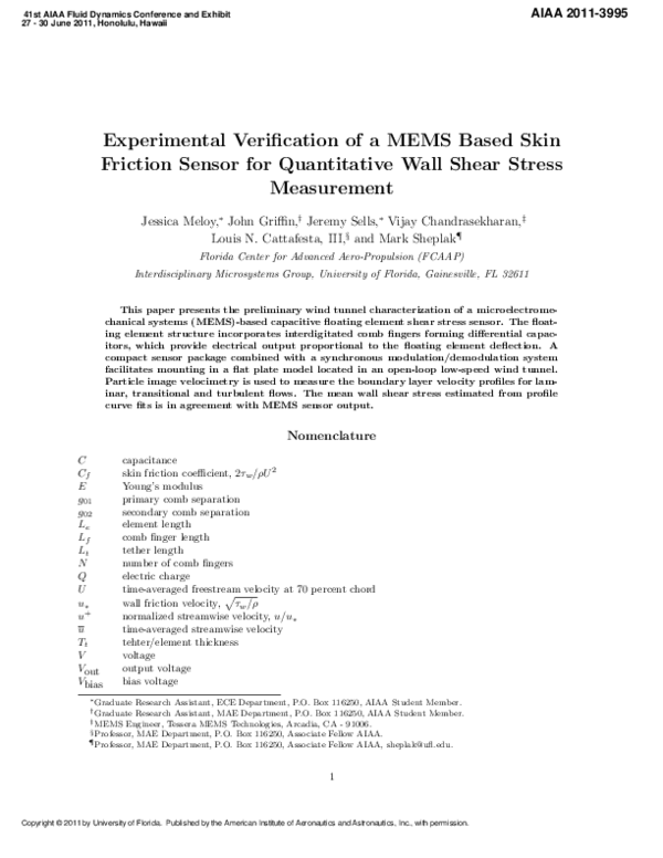 (PDF) Experimental Verification of a MEMS Based Skin Friction Sensor for Quantitative Wall Shear ...