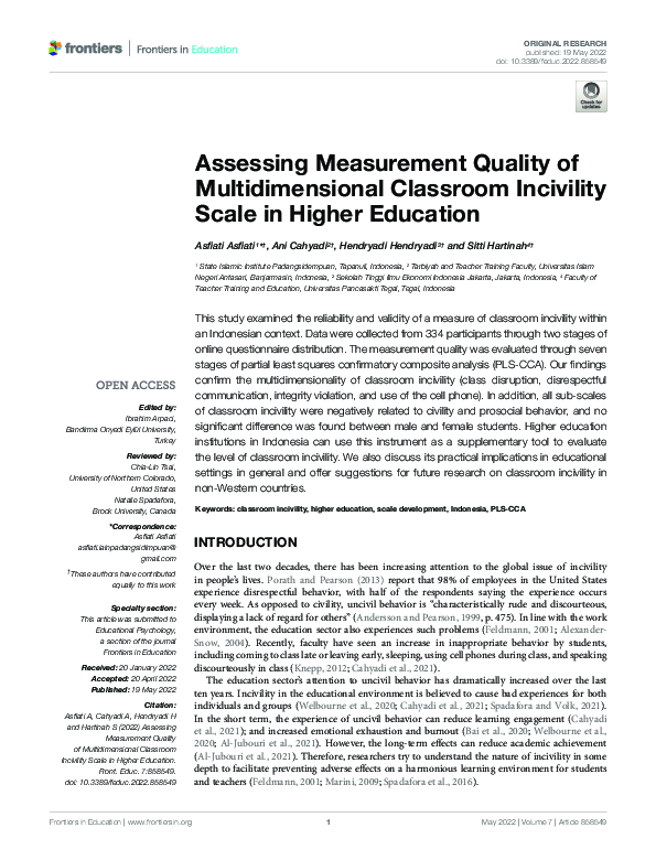 (PDF) Assessing Measurement Quality of Multidimensional Classroom Incivility Scale in Higher ...