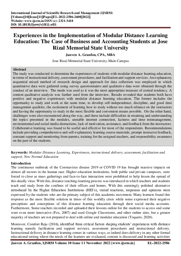 (PDF) Experiences in the Implementation of Modular Distance Learning Education: The Case of ...