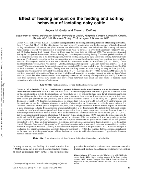 (PDF) Effect of feeding amount on the feeding and sorting behaviour of ...