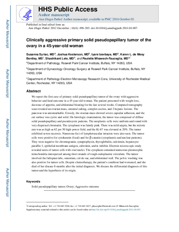 (PDF) Clinically aggressive primary solid pseudopapillary tumor of the ovary in a 45-year-old woman