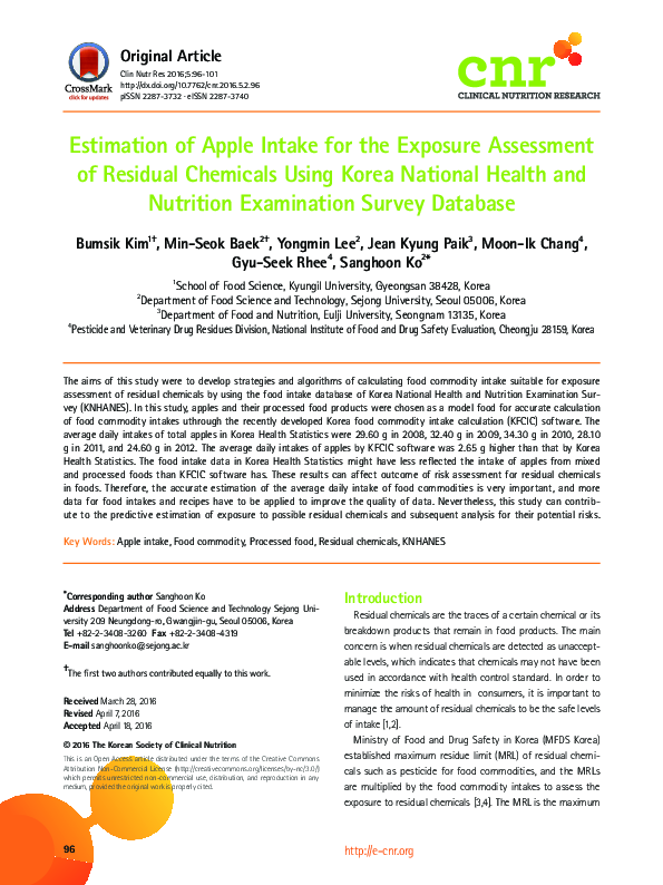 (PDF) Estimation of Apple Intake for the Exposure Assessment of Residual Chemicals Using Korea ...