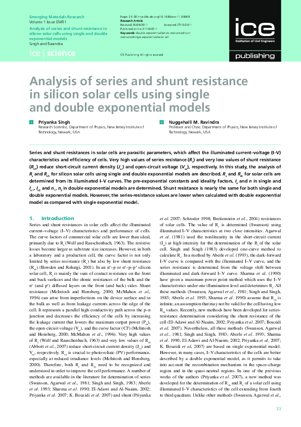 (PDF) Analysis of series and shunt resistance in silicon solar cells using single and double ...