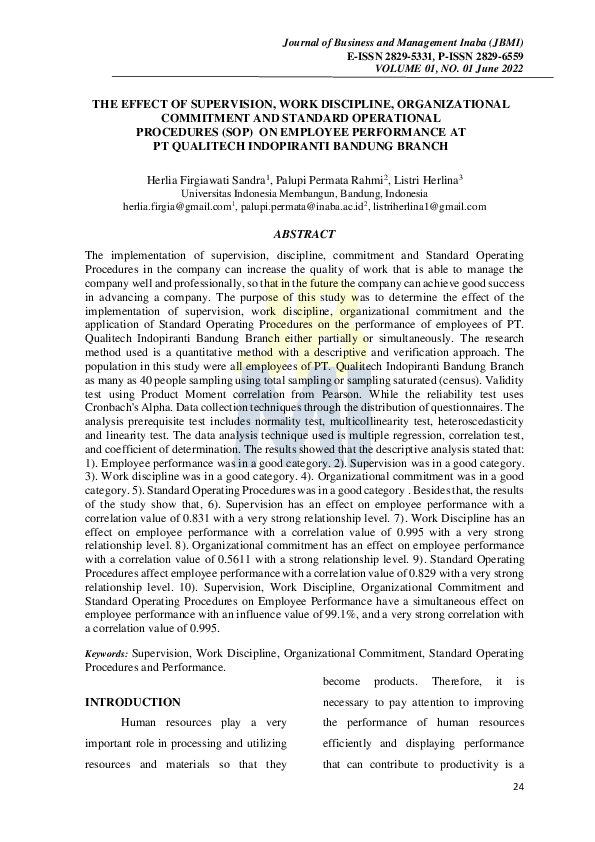 (PDF) Effect of Supervision, Work Discipline, Organizational Commitment and Standard Operational ...