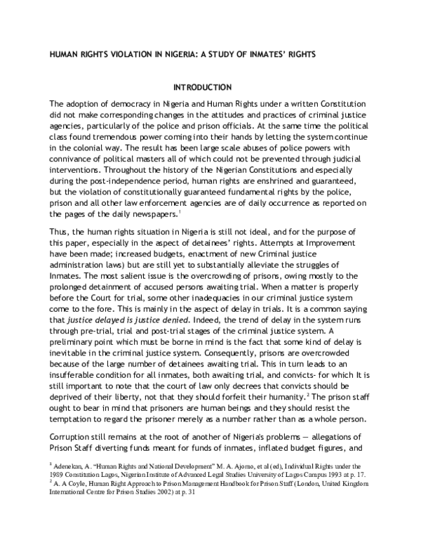 (DOC) HUMAN RIGHTS VIOLATION IN NIGERIA: A STUDY OF INMATES' RIGHTS