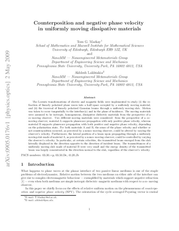 (PDF) Counterposition and negative phase velocity in uniformly moving ...
