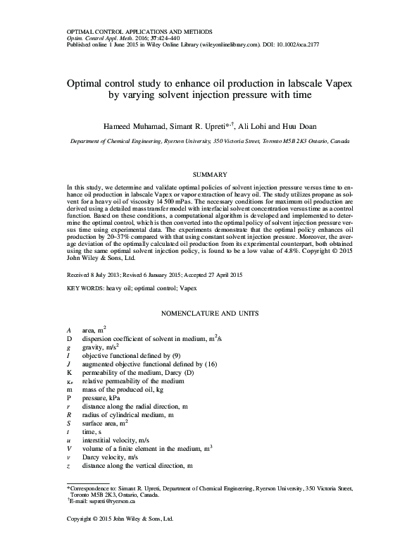 (PDF) Optimal control study to enhance oil production in labscale Vapex ...