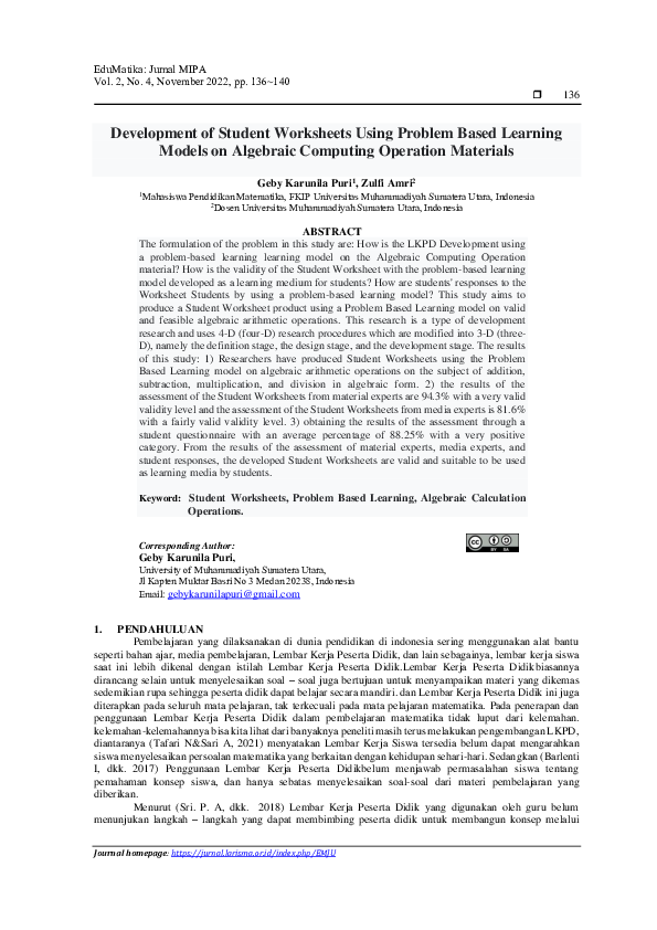 (PDF) Development of Student Worksheets Using Problem Based Learning ...