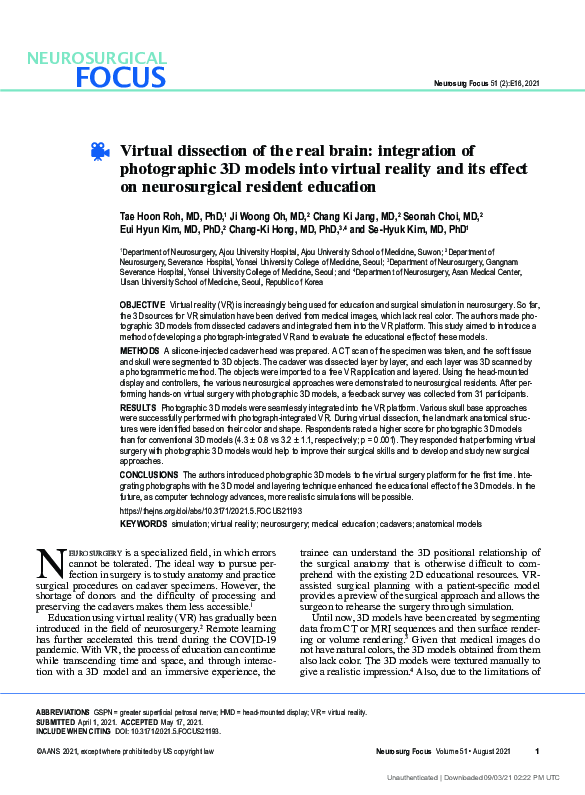 (PDF) Virtual dissection of the real brain: integration of photographic 3D models into virtual ...
