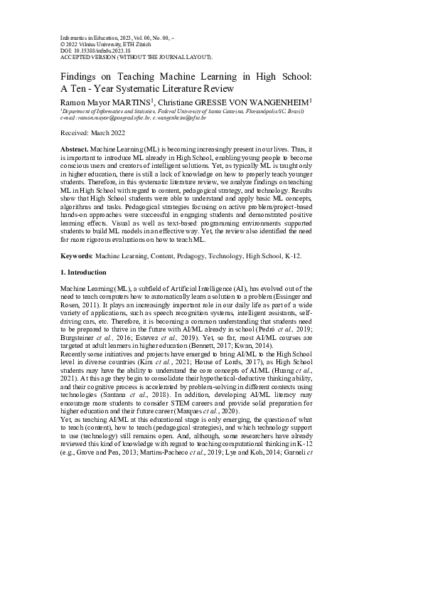 Pdf Findings On Teaching Machine Learning In High School A Ten Year Systematic Literature