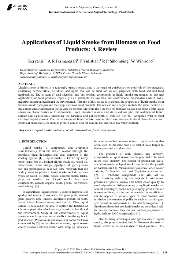 (PDF) Applications of Liquid Smoke from Biomass on Food Products: A Review