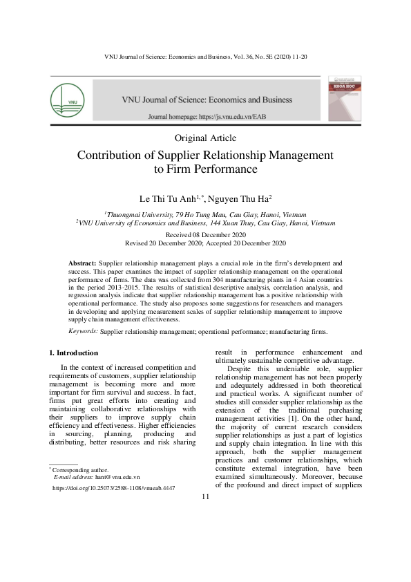 (PDF) Contribution of Supplier Relationship Management to Firm Performance