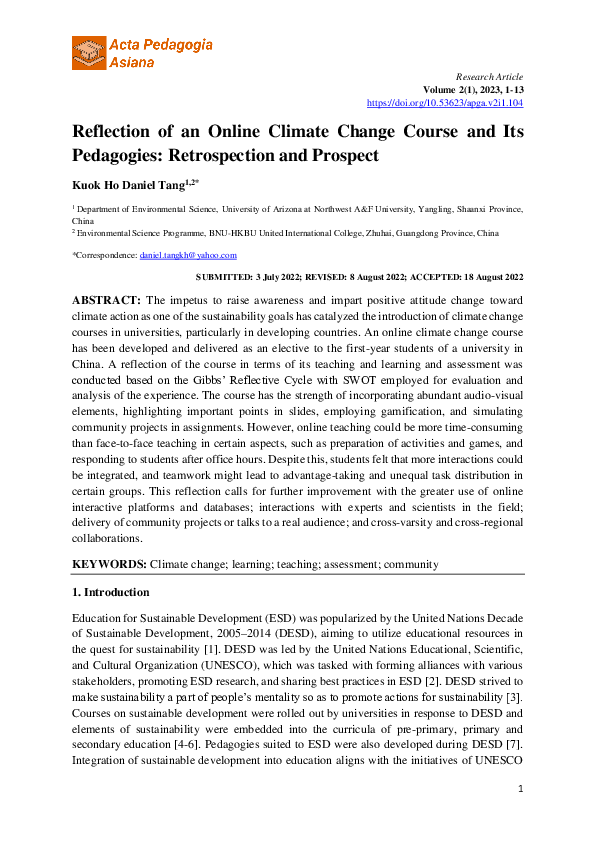 (PDF) Reflection of an Online Climate Change Course and Its Pedagogies ...